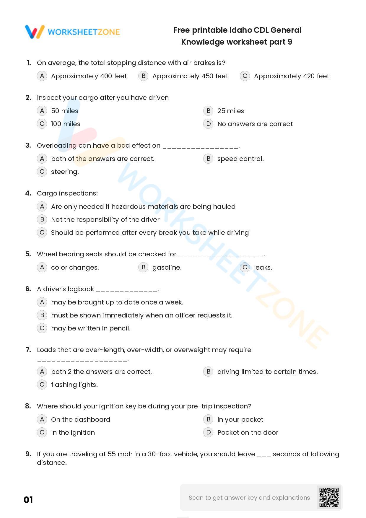 Free printable Idaho CDL General Knowledge worksheet part 9 | Worksheet ...