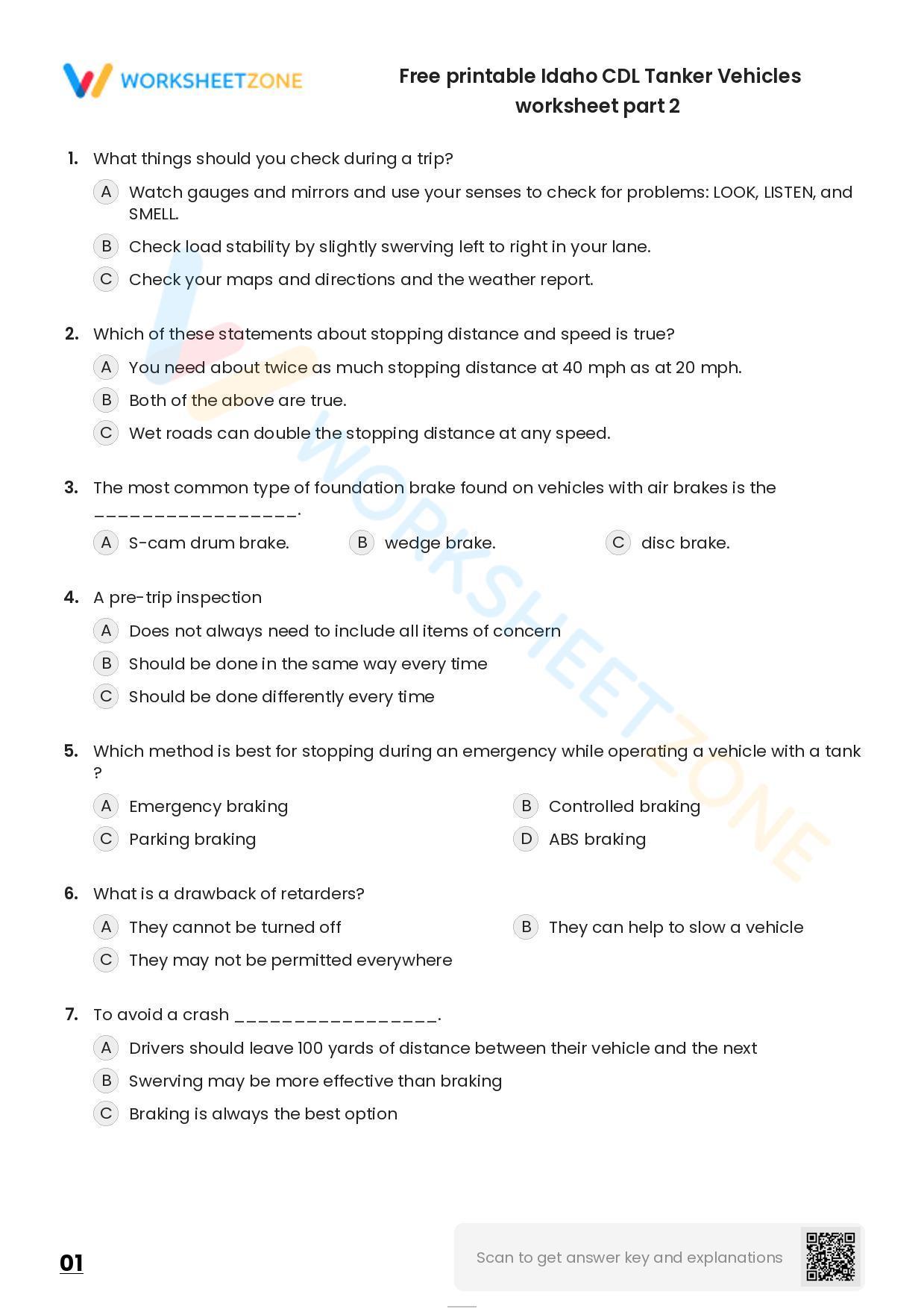 Free Printable Idaho CDL Tanker Vehicles Worksheet Part 2