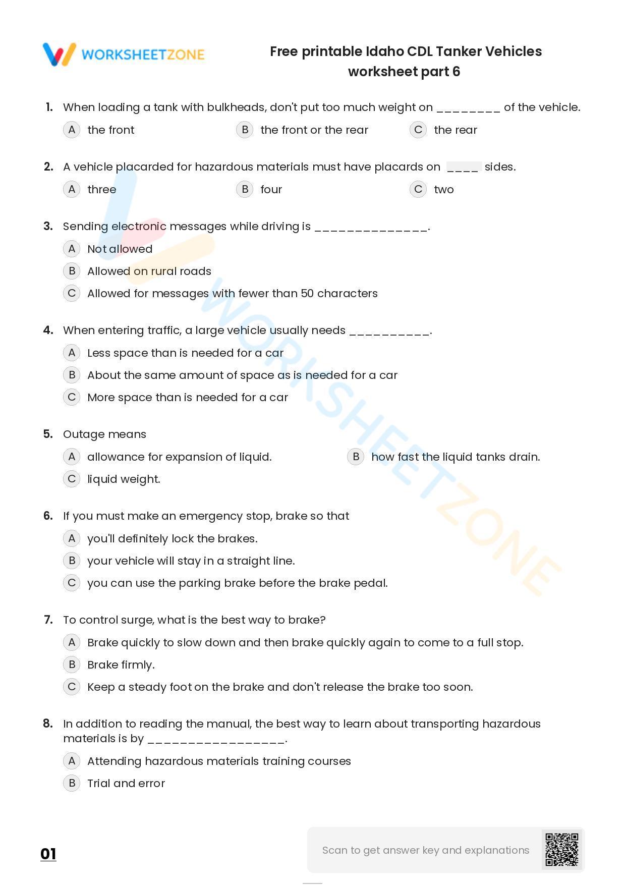 Free Printable Idaho CDL Tanker Vehicles Worksheet Part 6