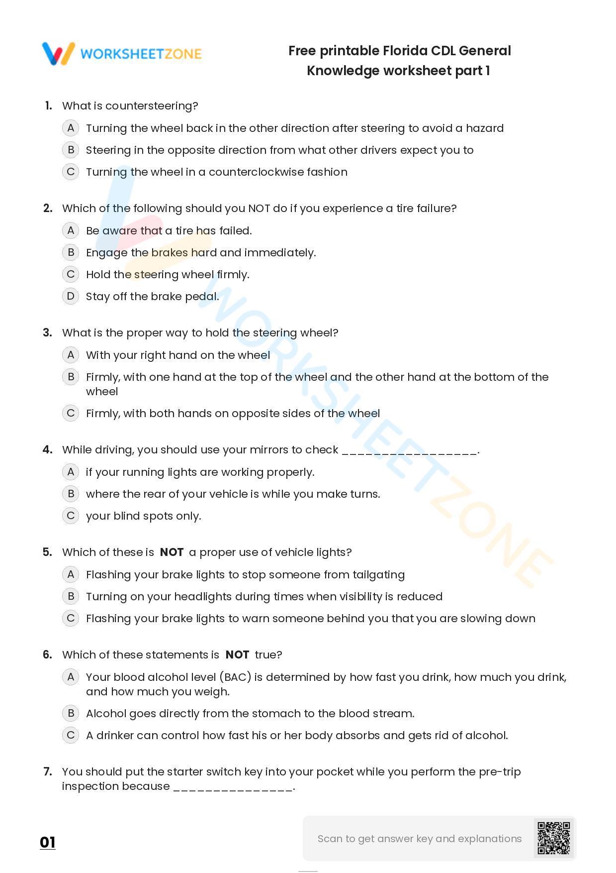 Free printable Florida CDL General Knowledge worksheet part 9 ...