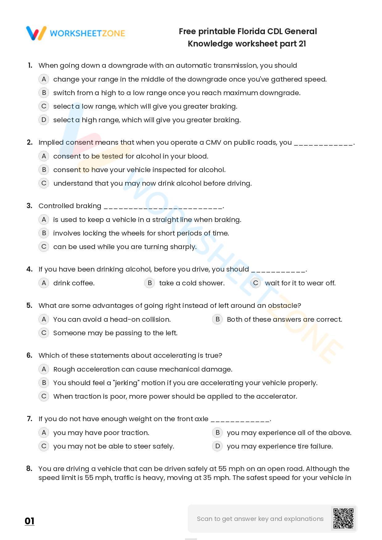 Free printable Florida CDL General Knowledge worksheet part 20 ...