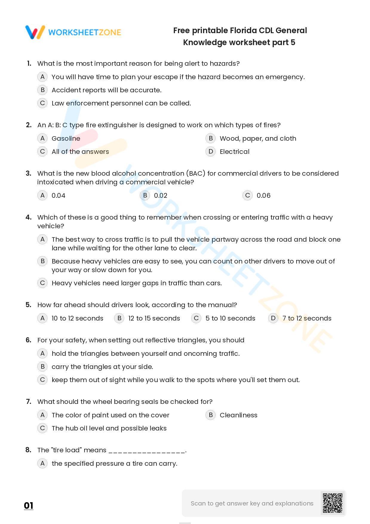 Free printable Florida CDL General Knowledge worksheet part 8 ...