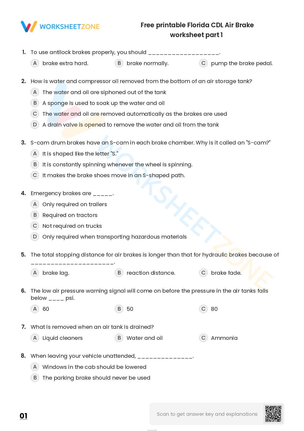 Free printable Florida CDL Air Brake worksheet part 1 | Worksheet Zone