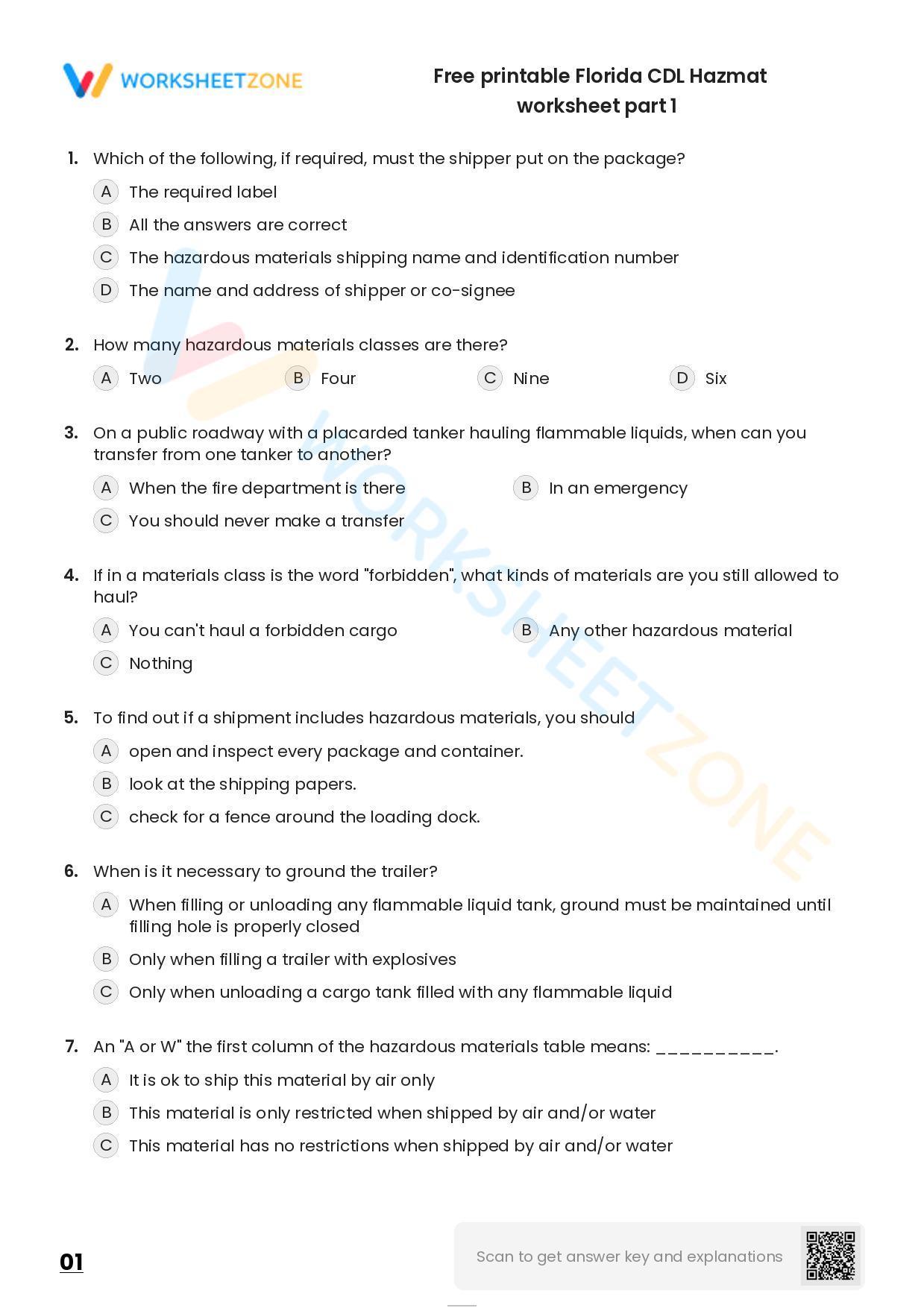 Free printable Florida CDL Hazmat worksheet part 10 | Worksheet Zone