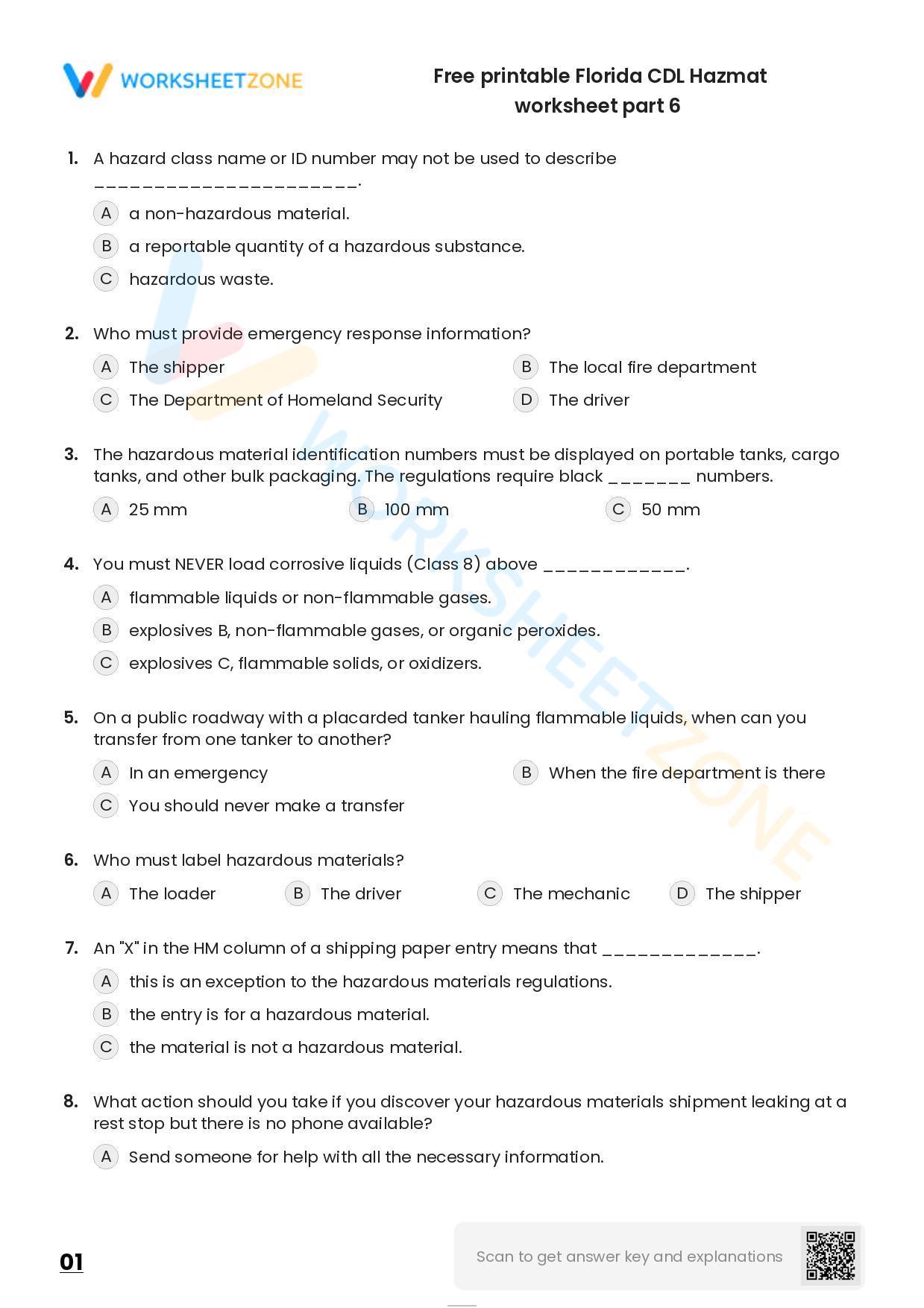 Free printable Florida CDL Hazmat worksheet part 10 | Worksheet Zone