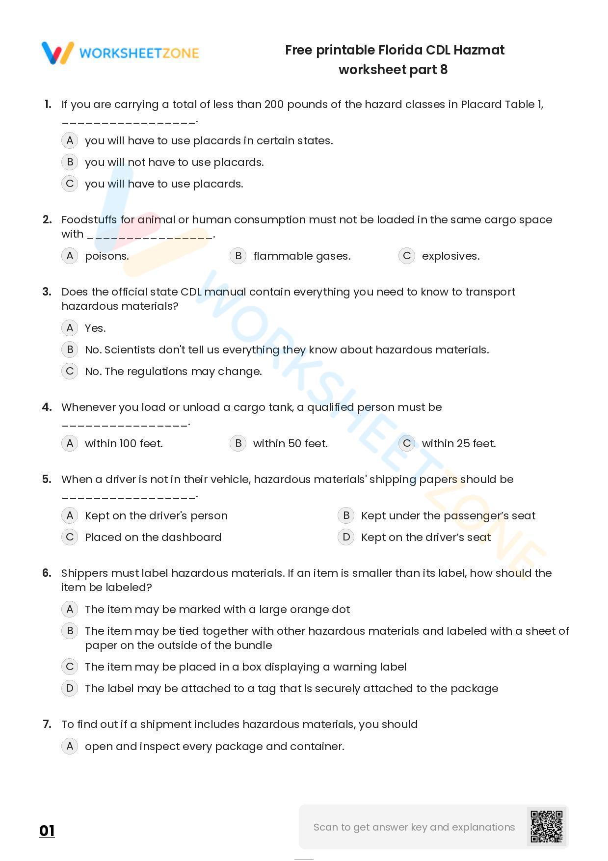 Free printable Florida CDL Hazmat worksheet part 10 | Worksheet Zone