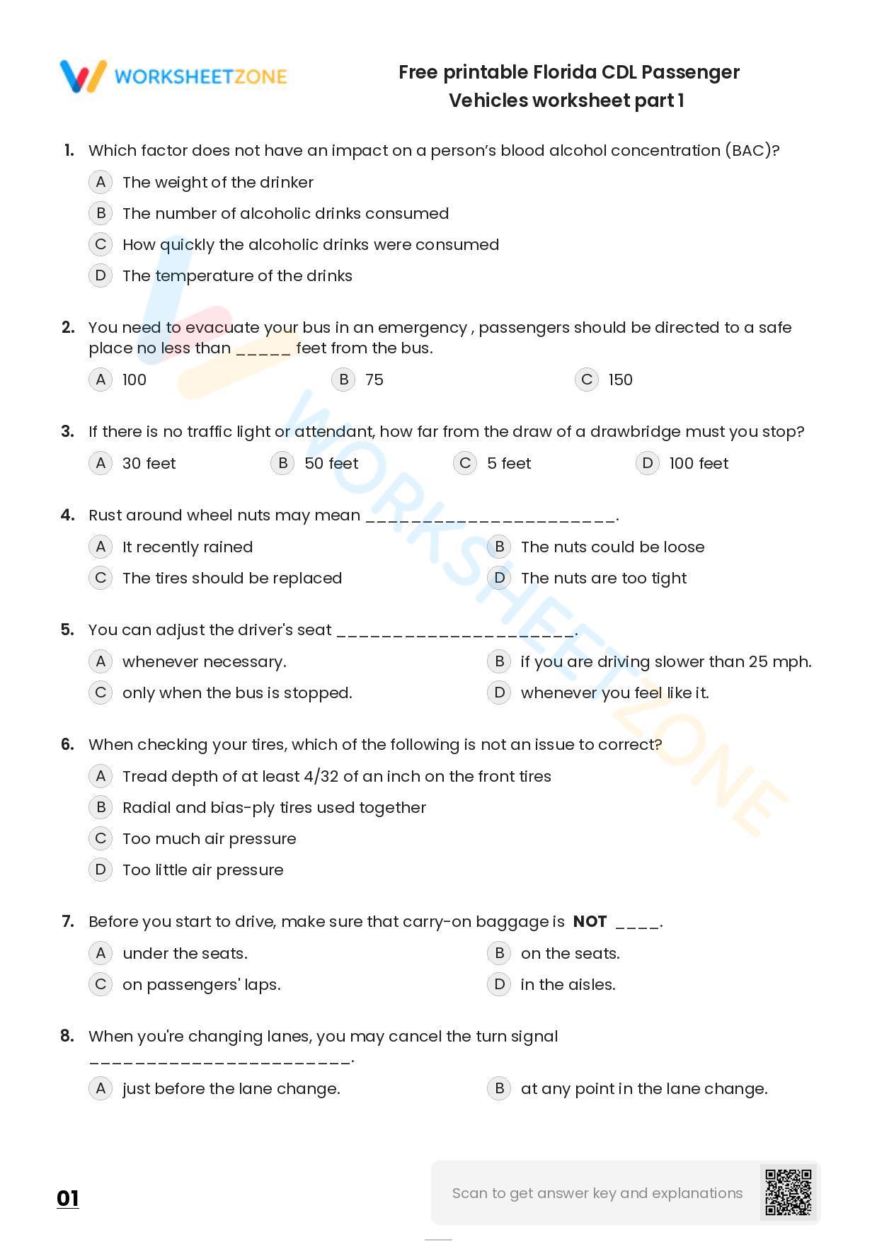 Free Printable Florida CDL Passenger Vehicles Worksheet Part 1