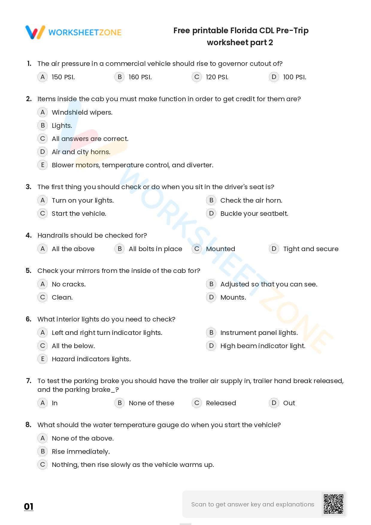 Free printable Florida CDL Pre-Trip worksheet part 5 | Worksheet Zone
