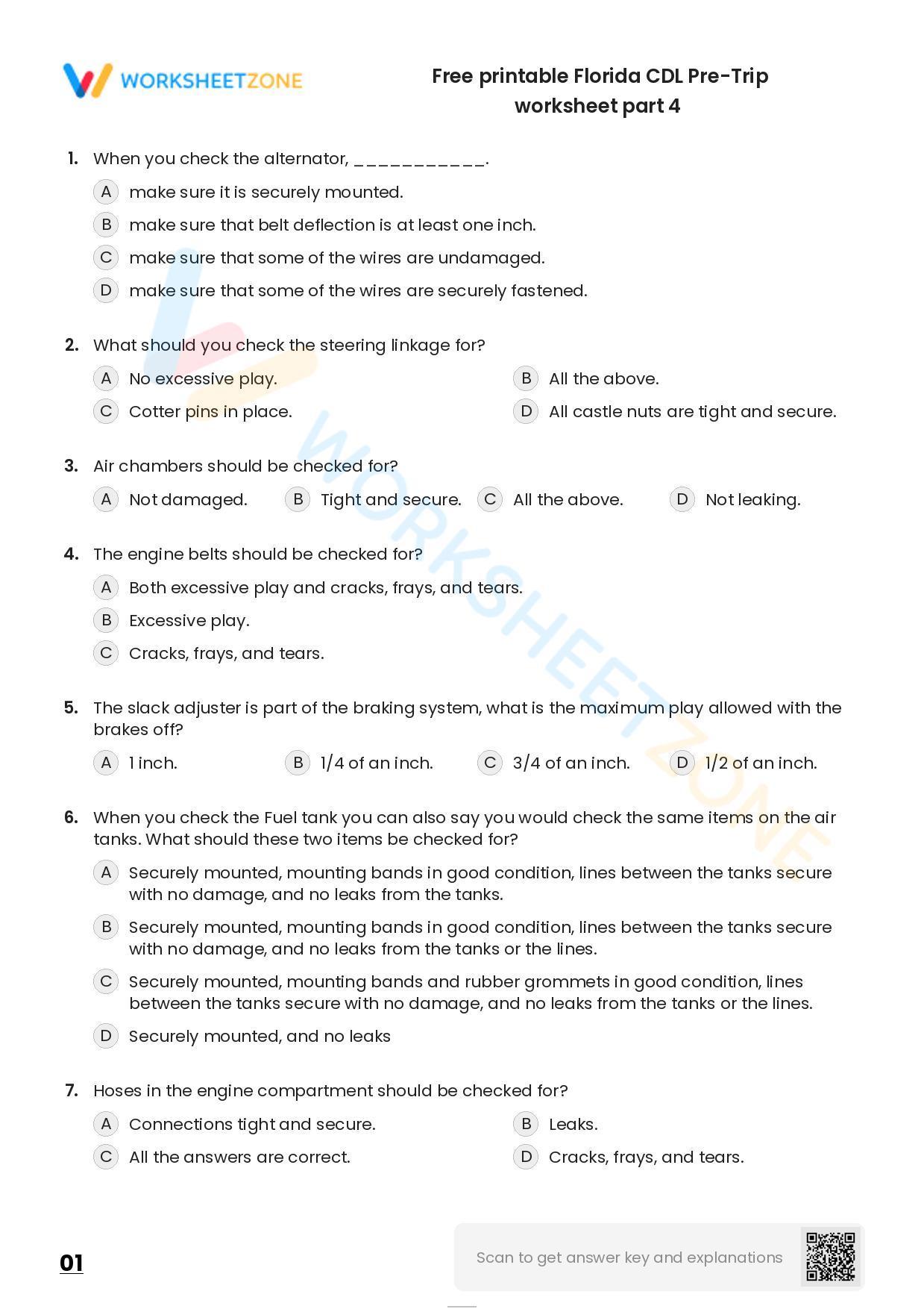 Free printable Florida CDL Pre-Trip worksheet part 5 | Worksheet Zone