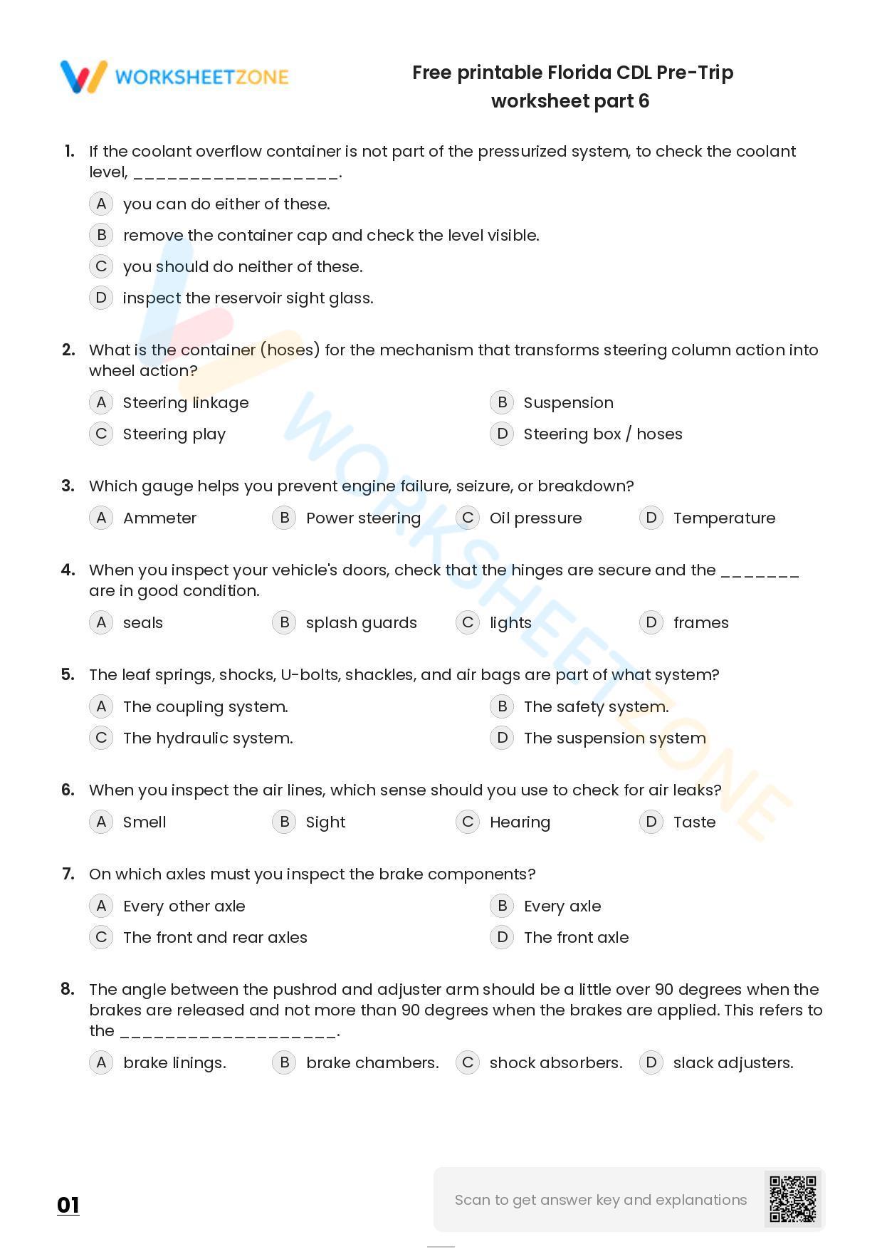 Free printable Florida CDL Pre-Trip worksheet part 5 | Worksheet Zone