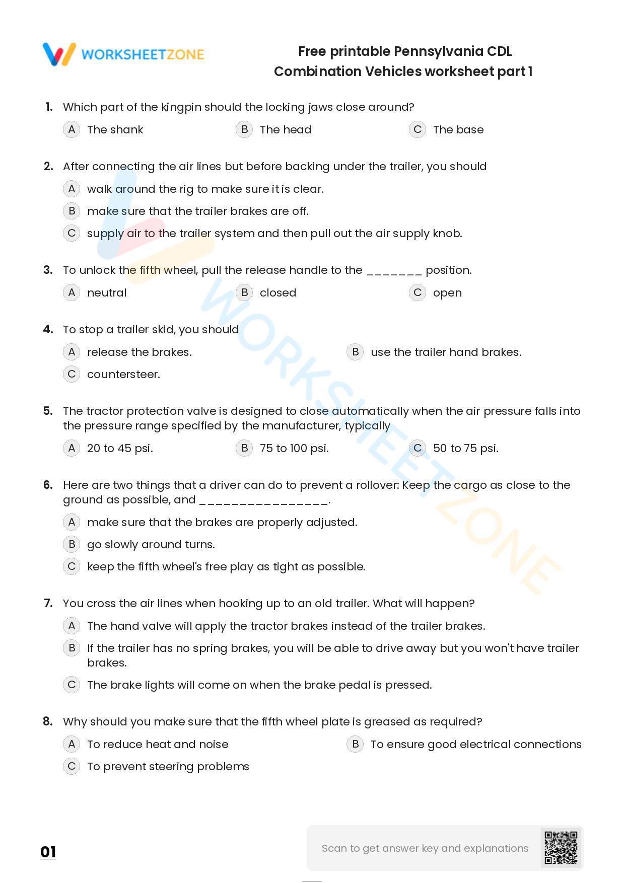Free Printable Pennsylvania CDL Combination Vehicles Worksheet Part 1