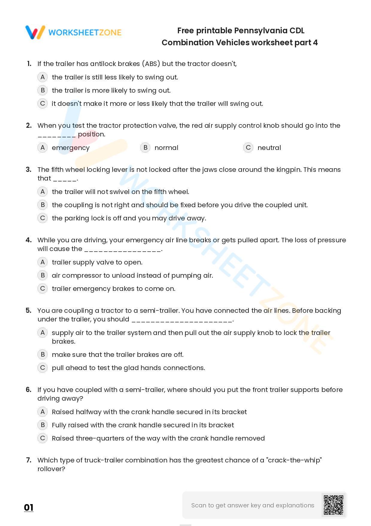 Free Printable Pennsylvania CDL Combination Vehicles Worksheet Part 4