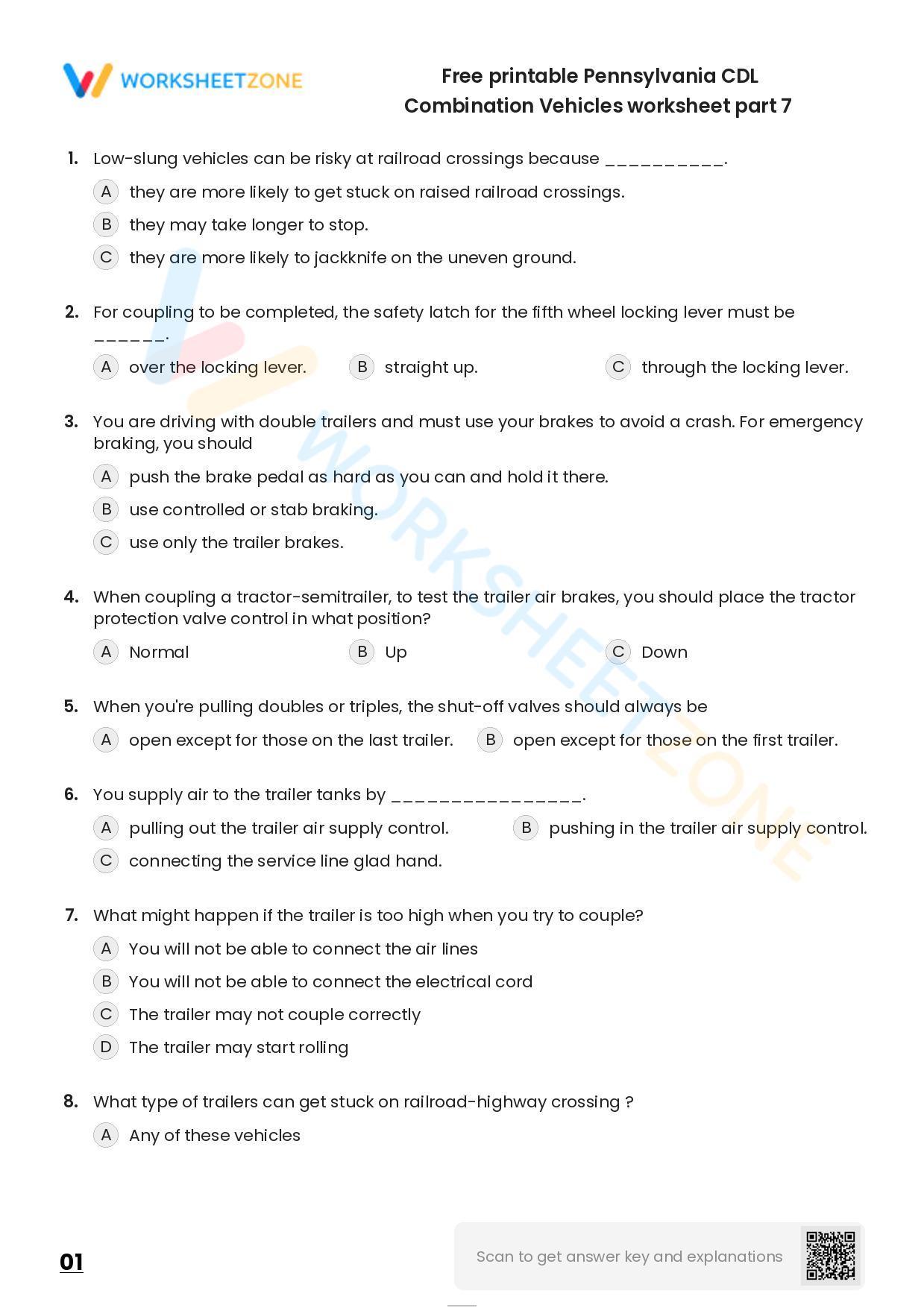 Free Printable Pennsylvania CDL Combination Vehicles Worksheet Part 7
