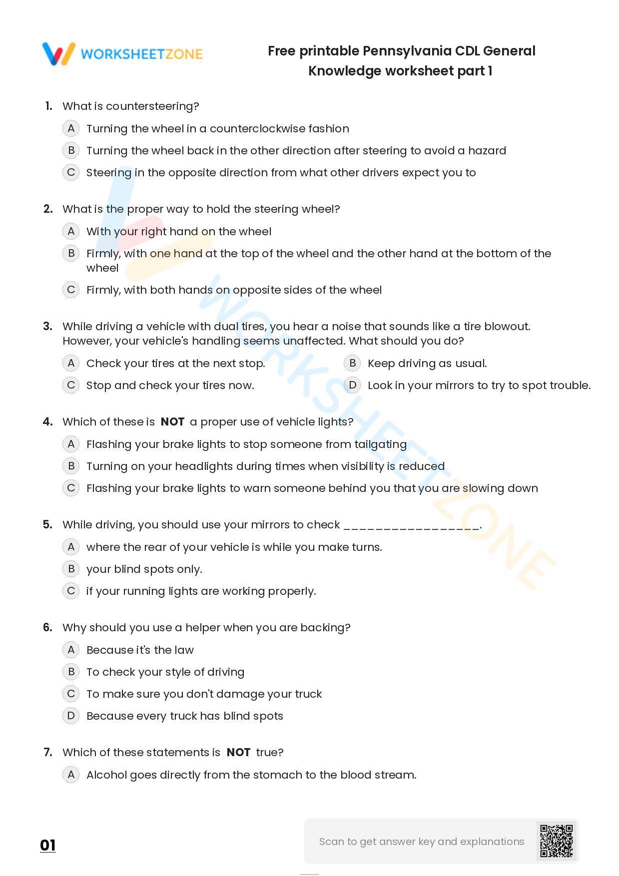 Free printable Pennsylvania CDL General Knowledge worksheet part 14 ...
