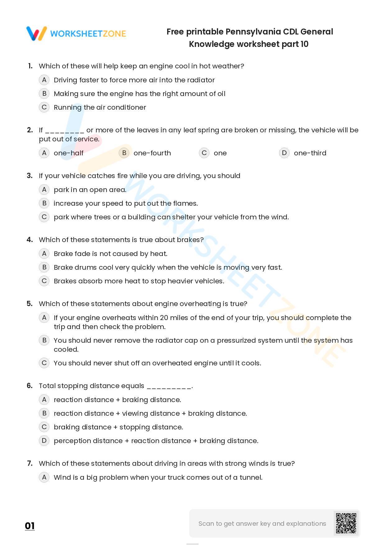 Free Printable Pennsylvania CDL General Knowledge Worksheet Part 10