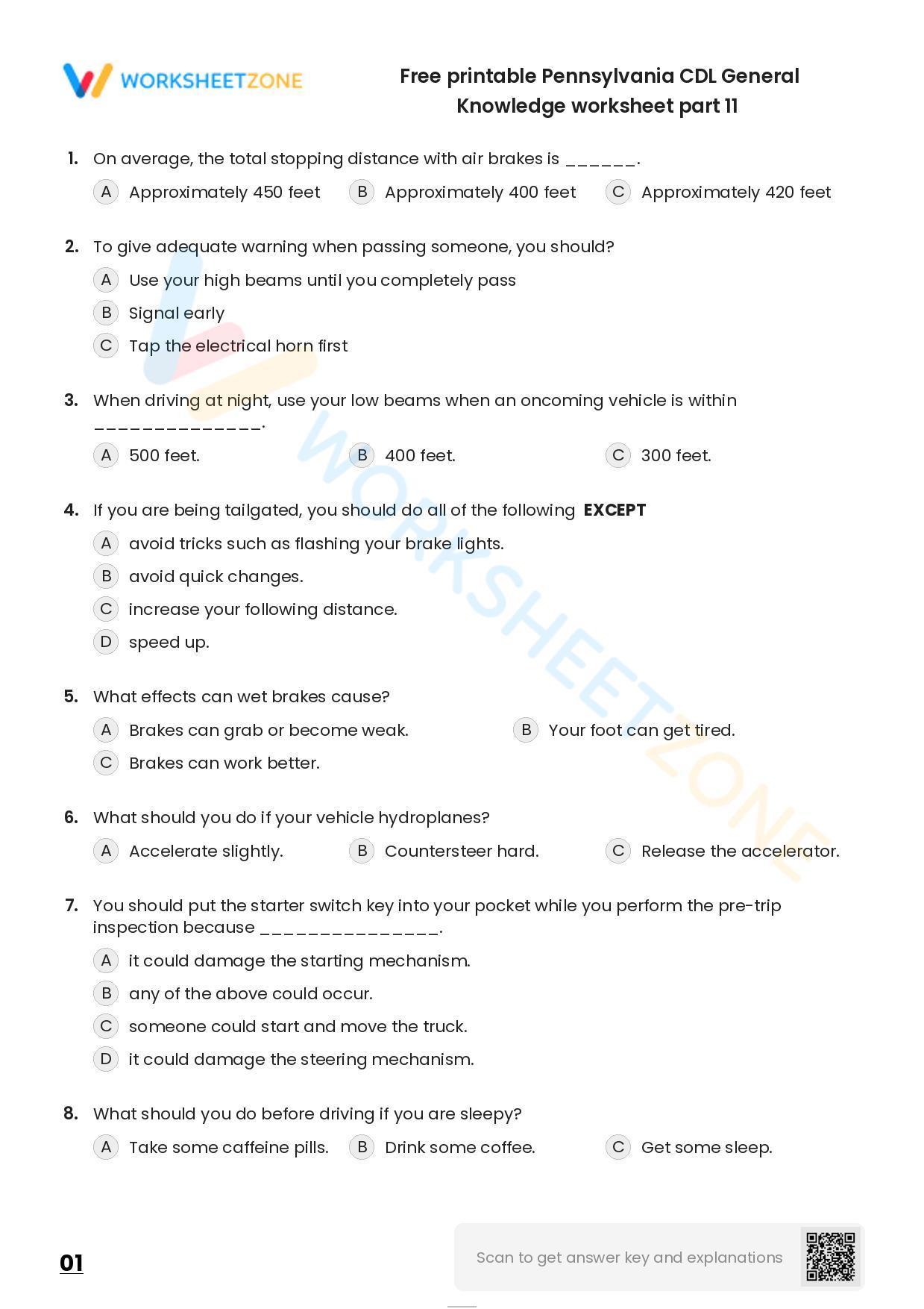 Free printable Pennsylvania CDL General Knowledge worksheet part 20 ...