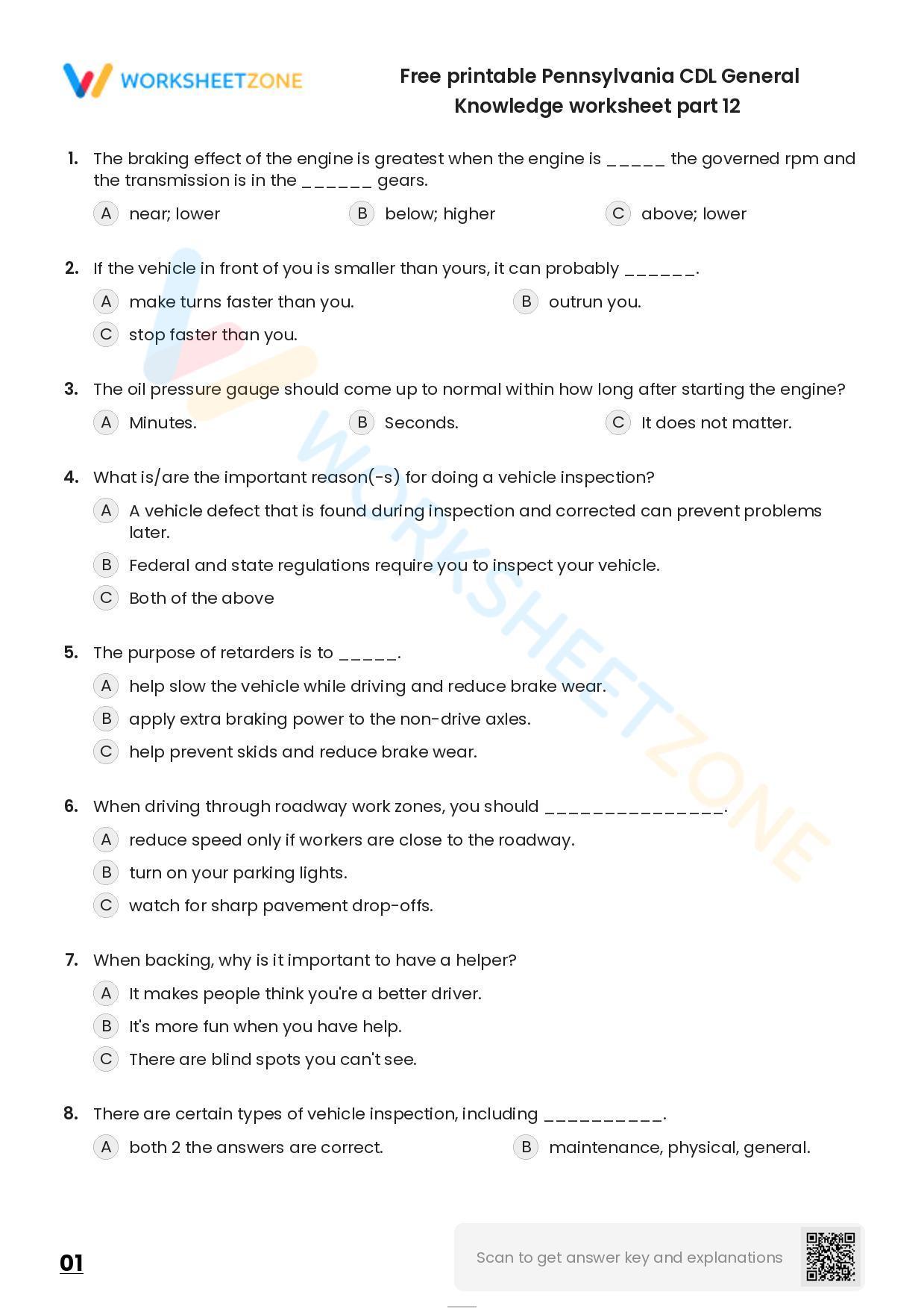 Free printable Pennsylvania CDL General Knowledge worksheet part 14 ...