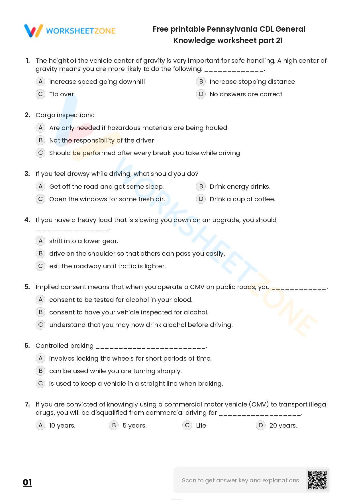 Free printable Pennsylvania CDL General Knowledge worksheet part 8 ...