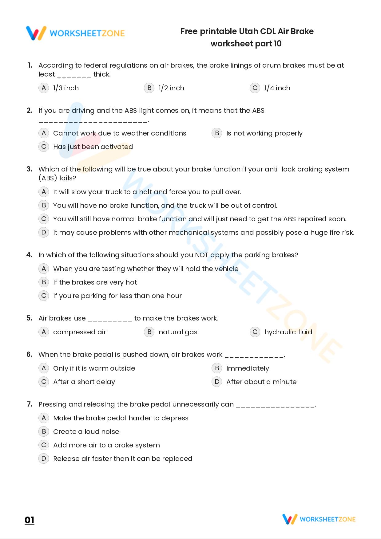 Free printable Utah CDL Air Brake worksheet part 10 | Worksheet Zone