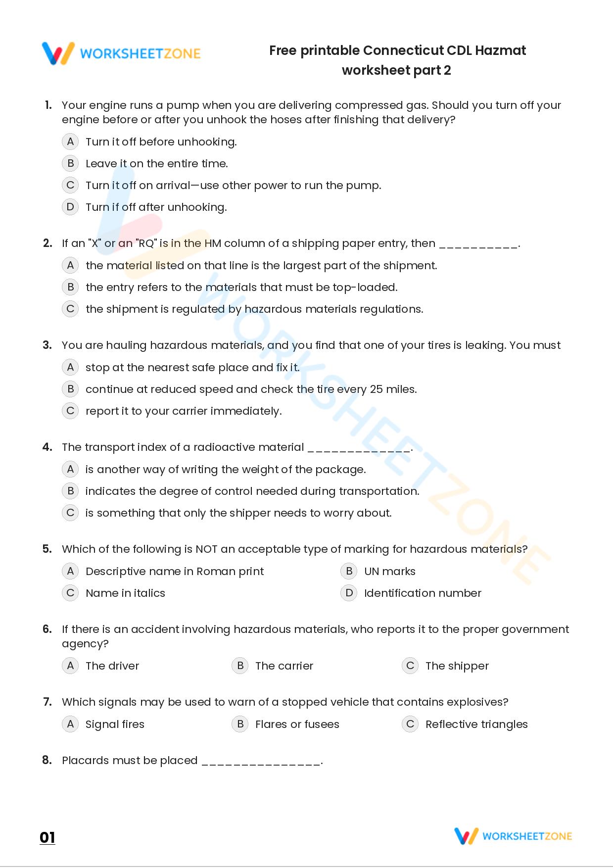 Free printable Connecticut CDL Hazmat worksheet part 2 | Worksheet Zone