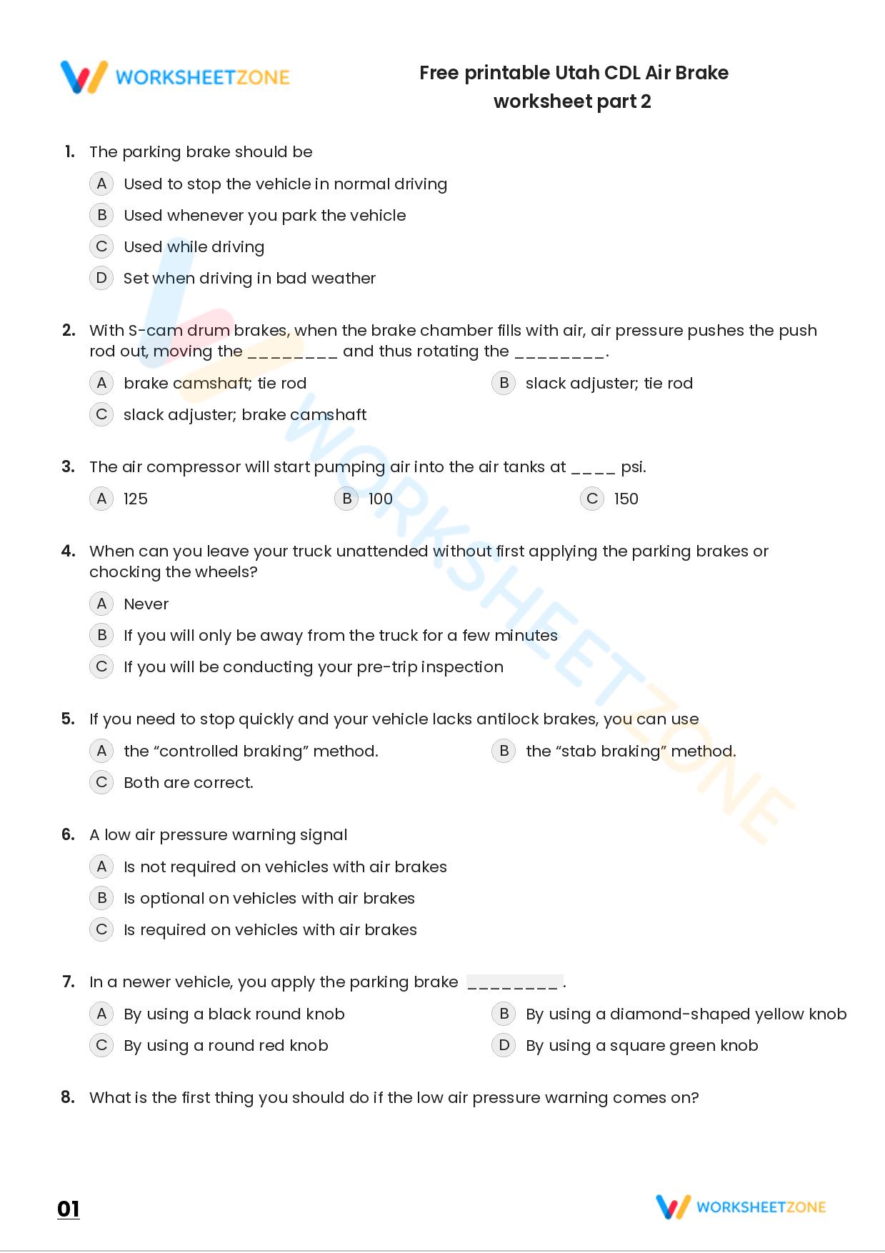 Free printable Utah CDL Air Brake worksheet part 2 | Worksheet Zone