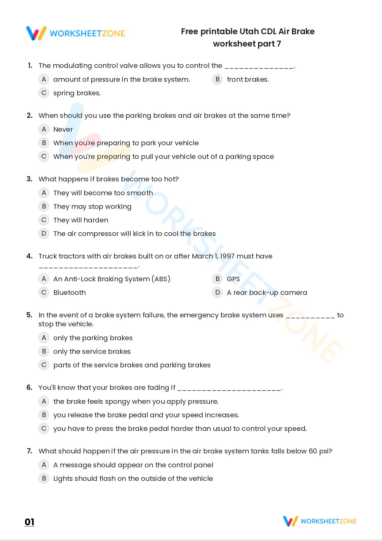 Free printable Utah CDL Air Brake worksheet part 7 | Worksheet Zone