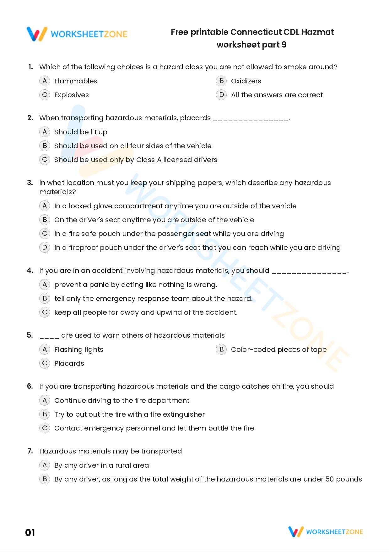 Free printable Connecticut CDL Hazmat worksheet part 9 | Worksheet Zone