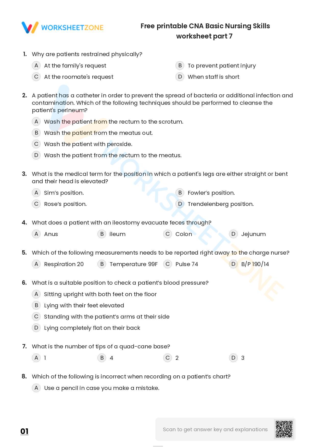 Free Printable CNA Basic Nursing Skills Worksheet Part 7