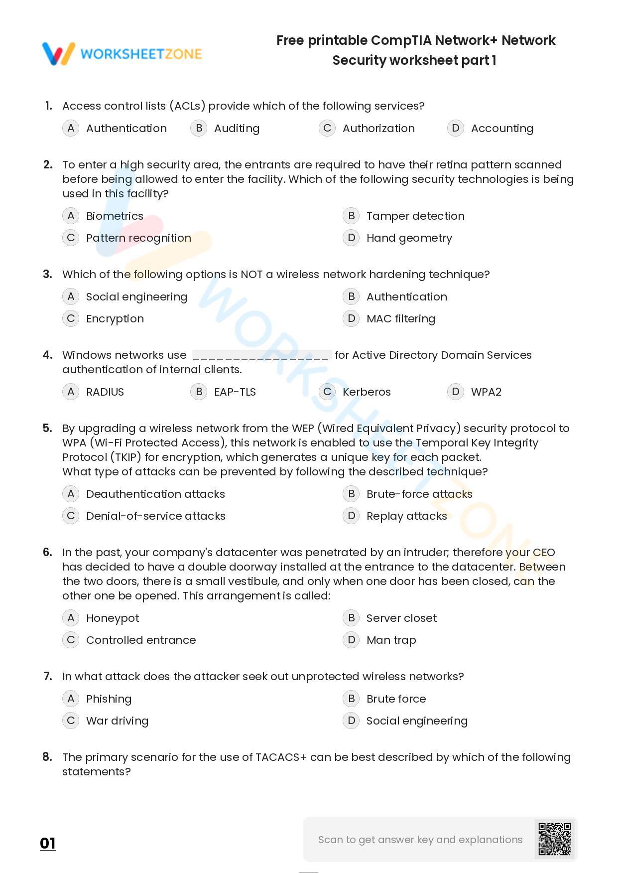Free Printable CompTIA Network+ Network Security Worksheet Part 1