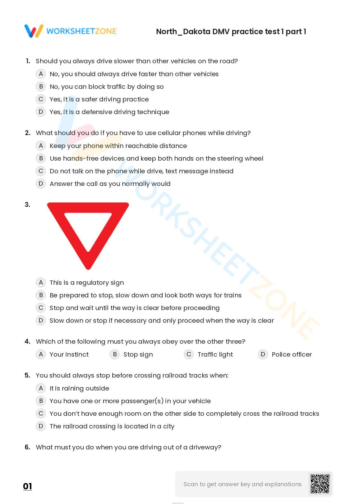 Free Printable North/Dakota DMV Practice Test 1 Part 1 Worksheet