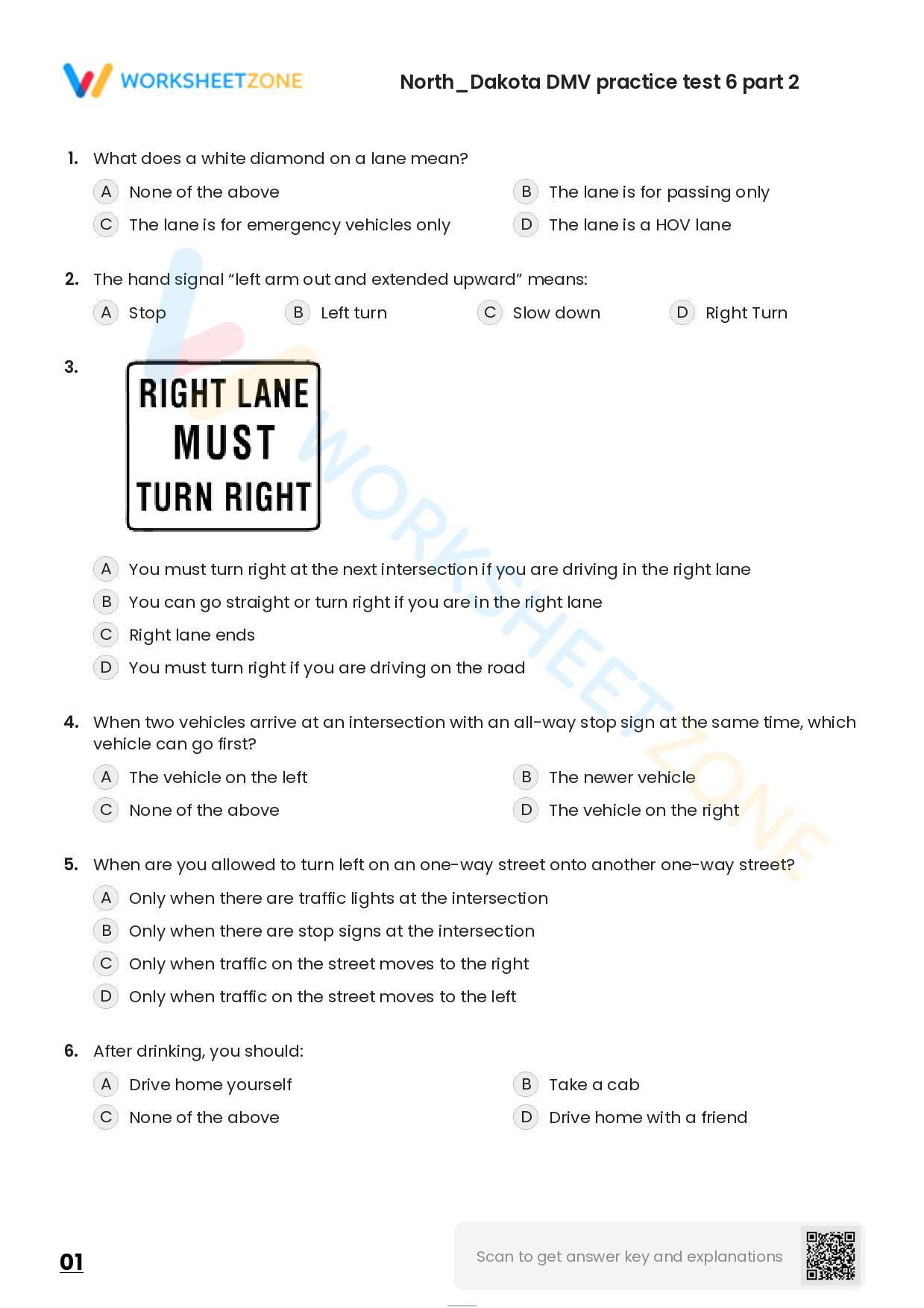 Free printable North/Dakota DMV practice test 6 part 2 | Worksheet Zone