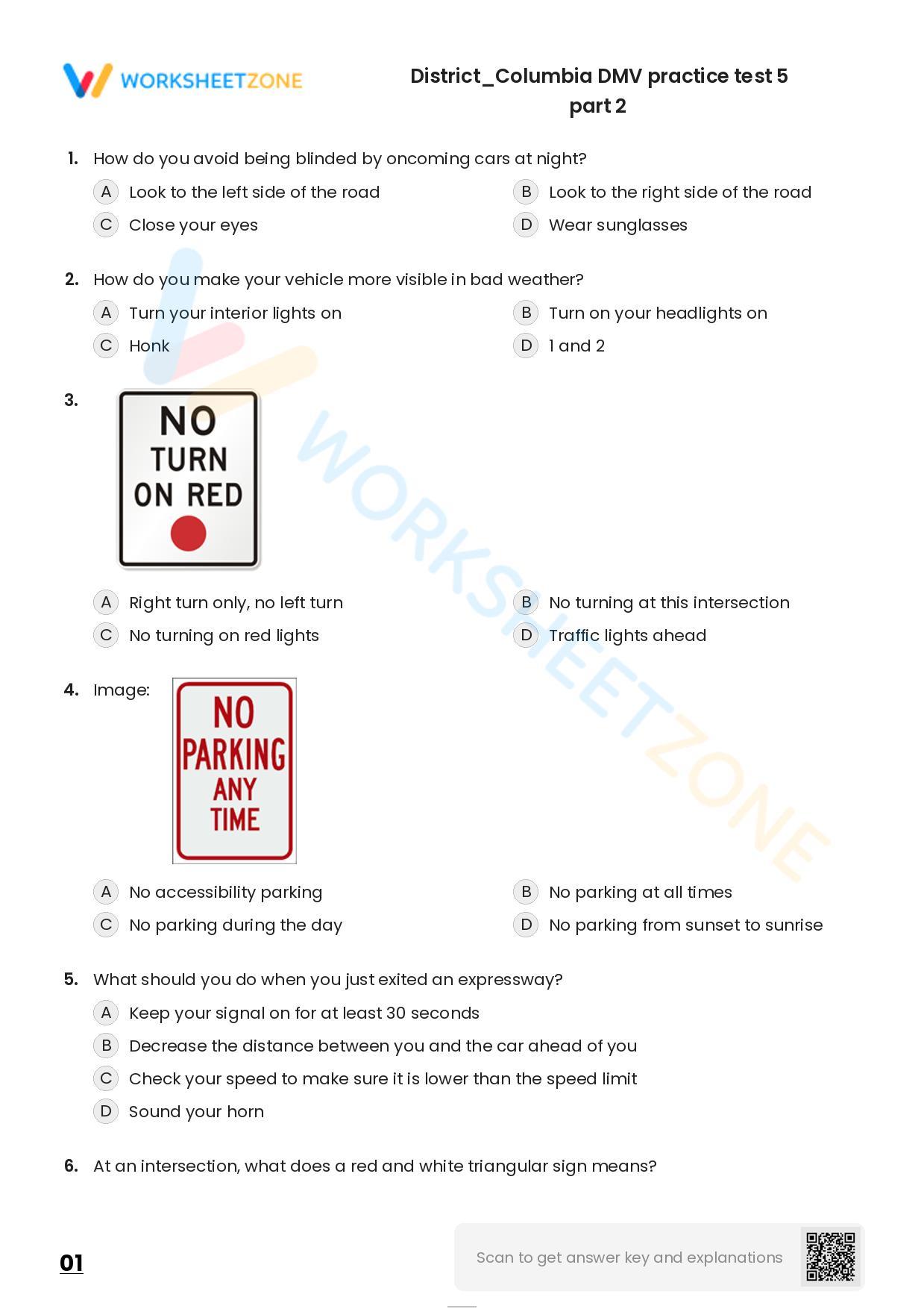 Free Printable District/Columbia DMV Practice Test 5 Part 2 Worksheet