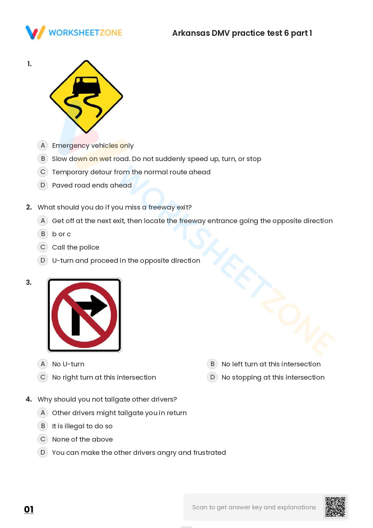 Free Printable Arkansas DMV Practice Test 6 Part 1 Worksheet