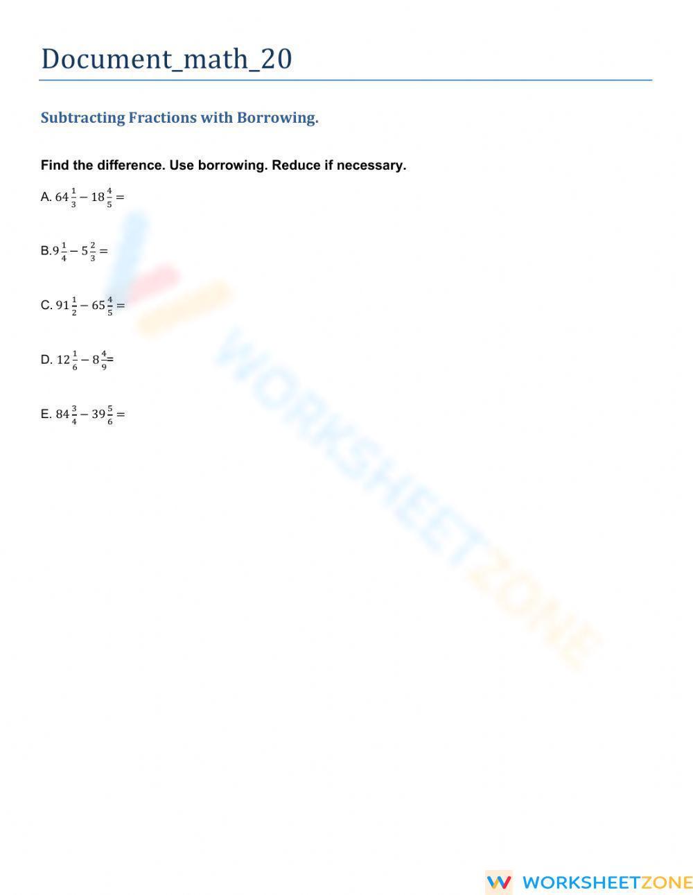 Subtracting With Borrowing Document-math-20 Worksheet