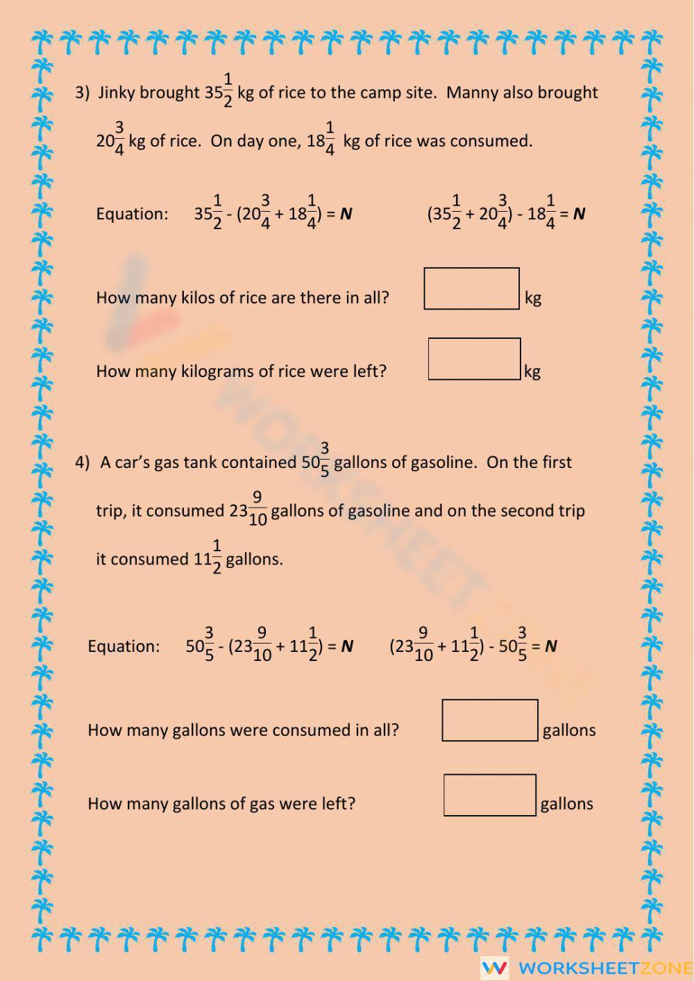Problem solving (addition - subtraction of fractions) | Worksheet Zone