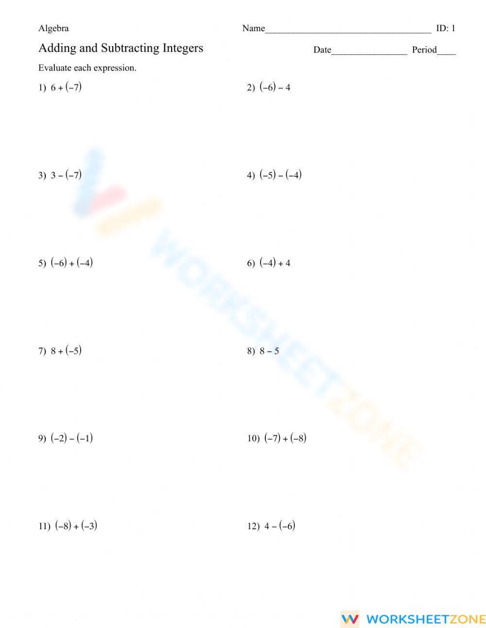 Adding And Subtracting Integers Practice Worksheet