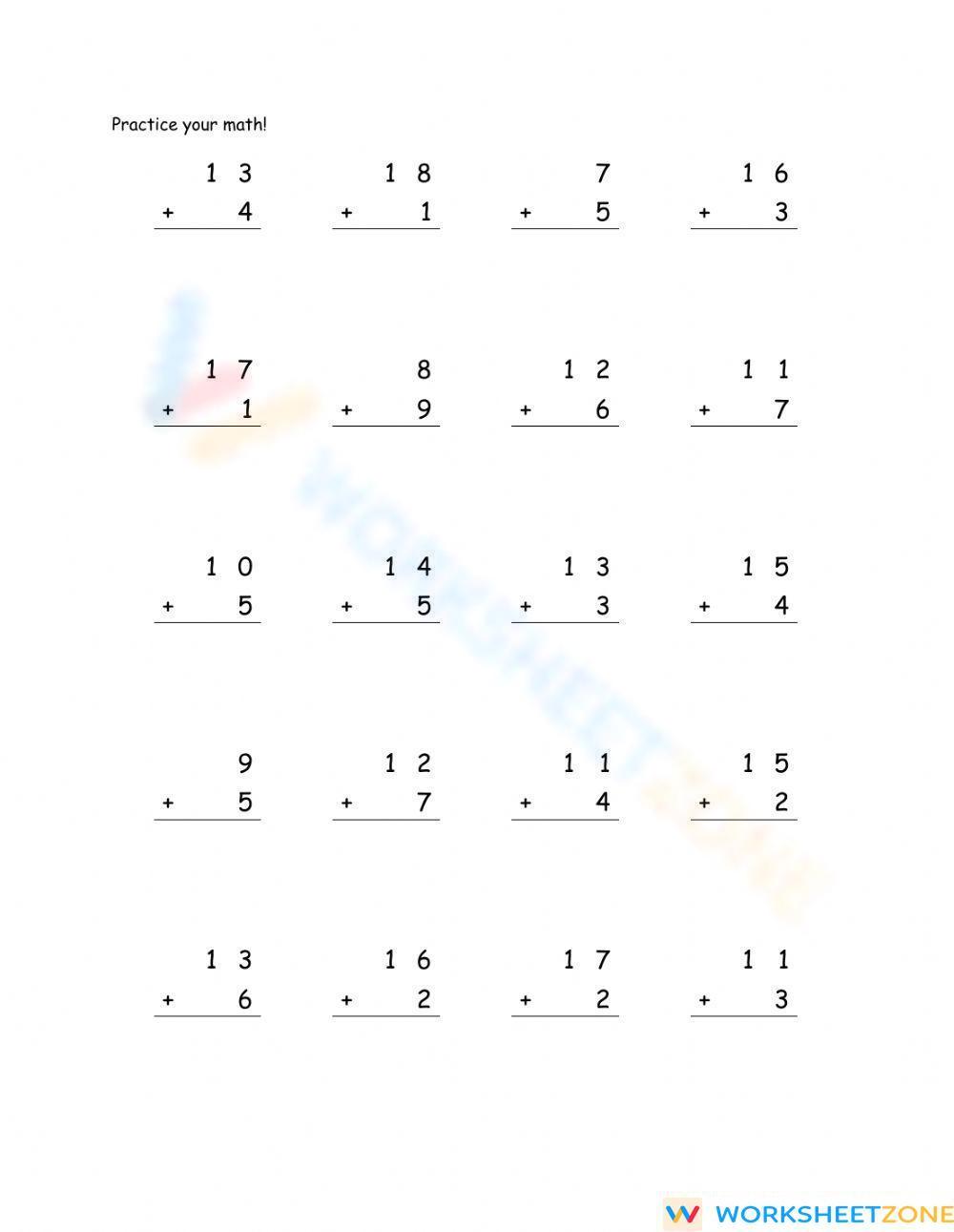 Adding Two Digits To One Digit Worksheet Adding Two Digits To One Digit Worksheet