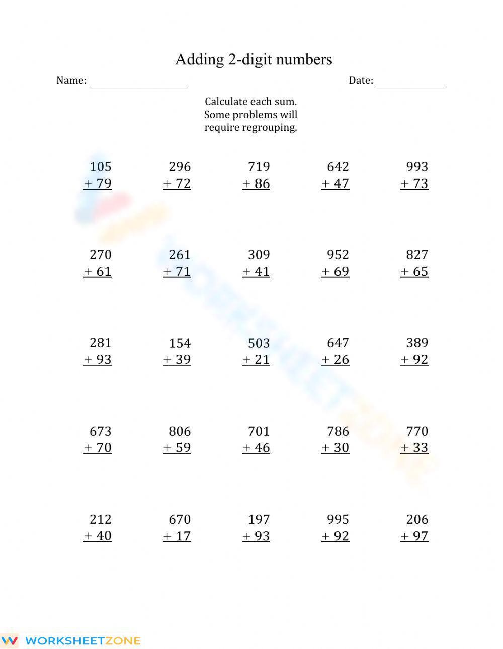 Adding 2 Digit Numbers Worksheet