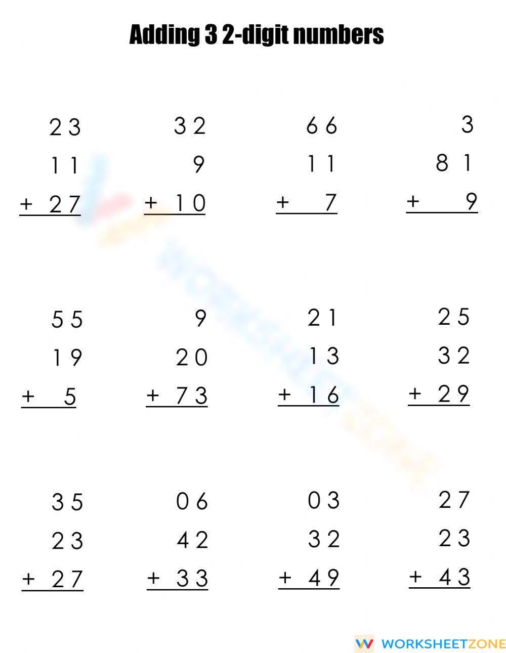 Adding 3 2 digit Numbers Worksheet