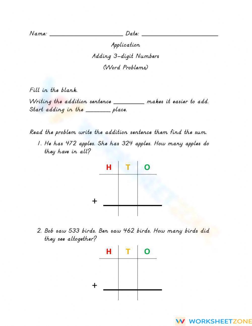 Adding 3-digit Numbers (Word Problems) 1 Worksheet Adding 3-digit Numbers (Word Problems) 1 Worksheet