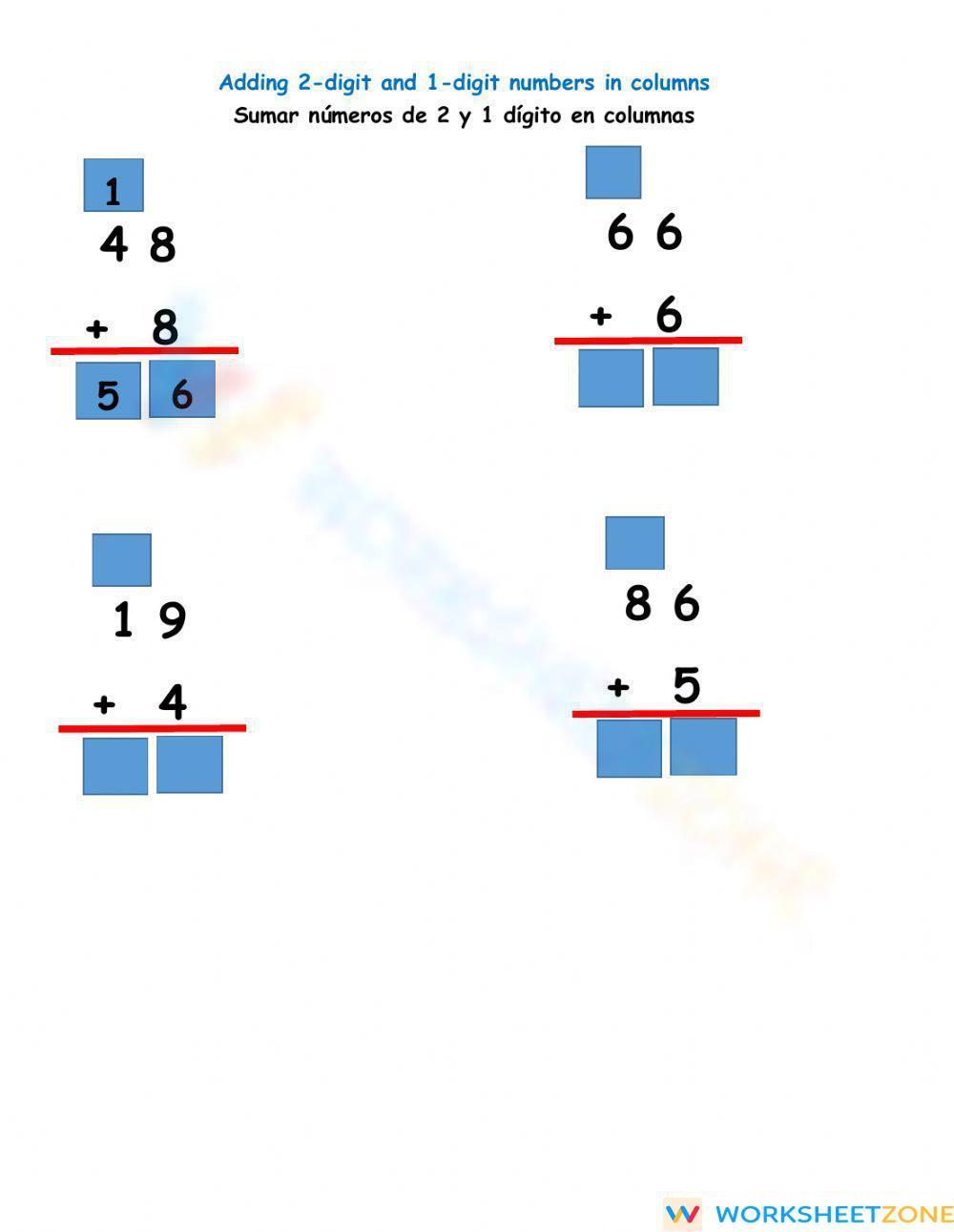 Adding 2 Digit And 1 Digit Numbers In Columns Worksheet