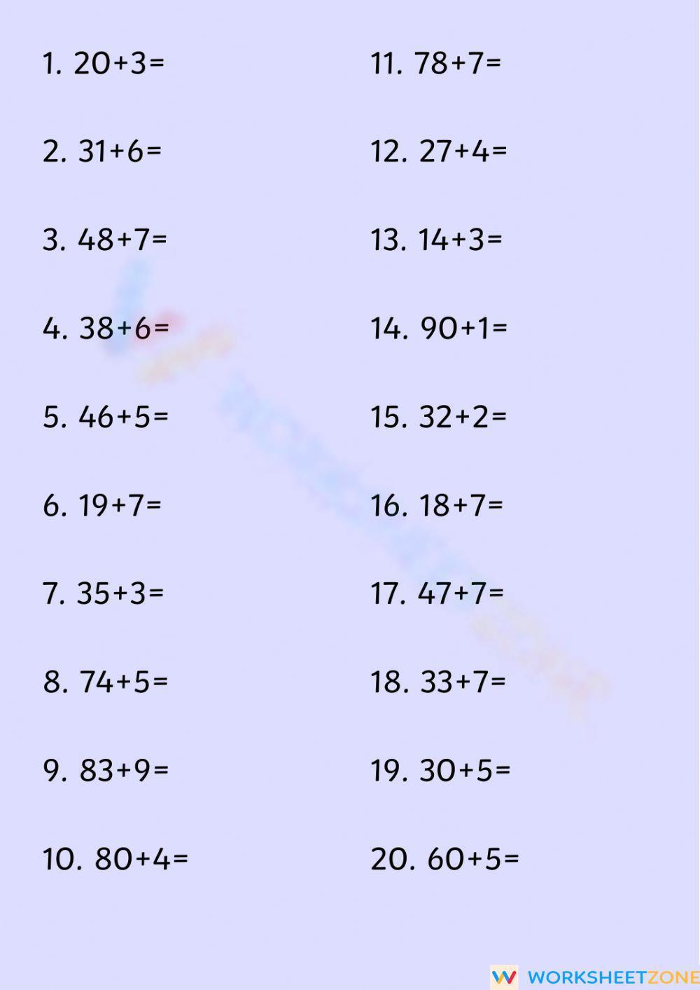 2 Digit + 1 Digit Addition Worksheet