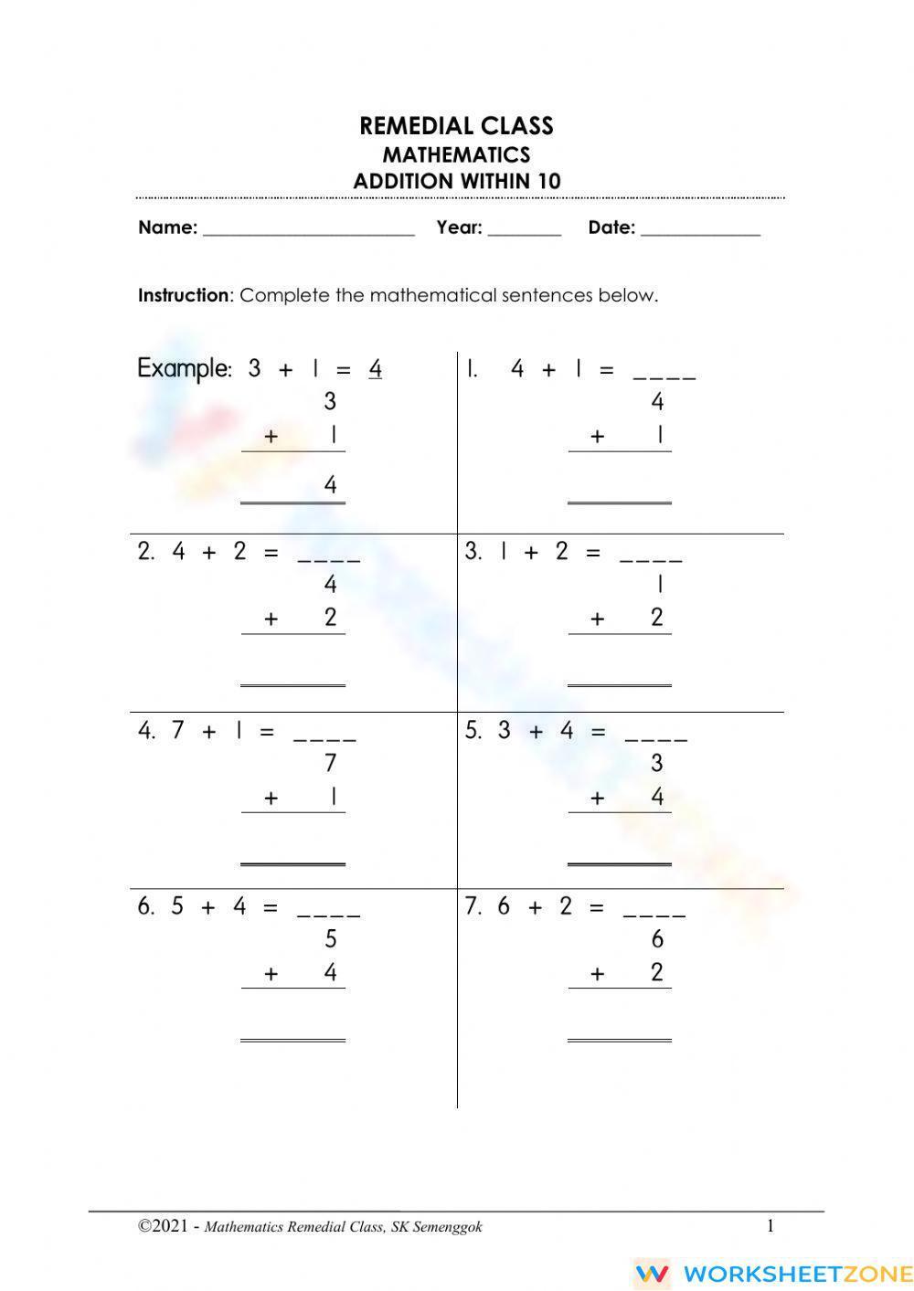 Addition Within 10 Worksheet