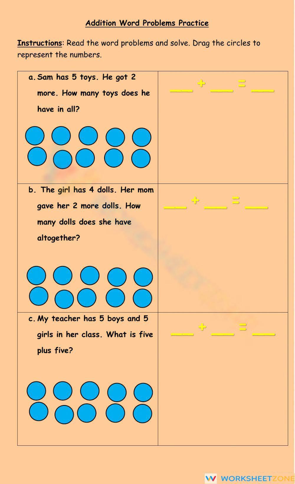 Addition Word Problems To 10 Worksheet