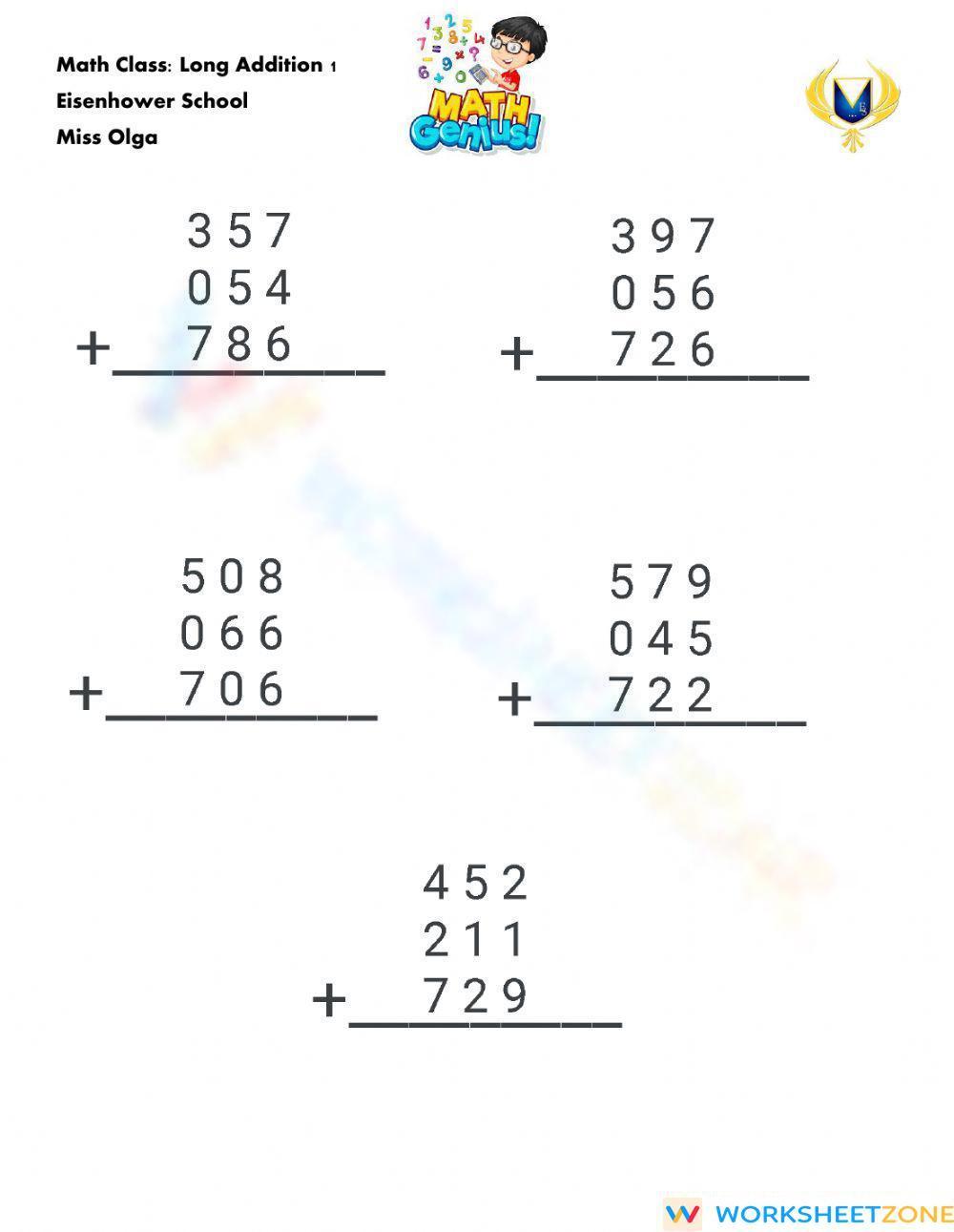 Long Addition Worksheet