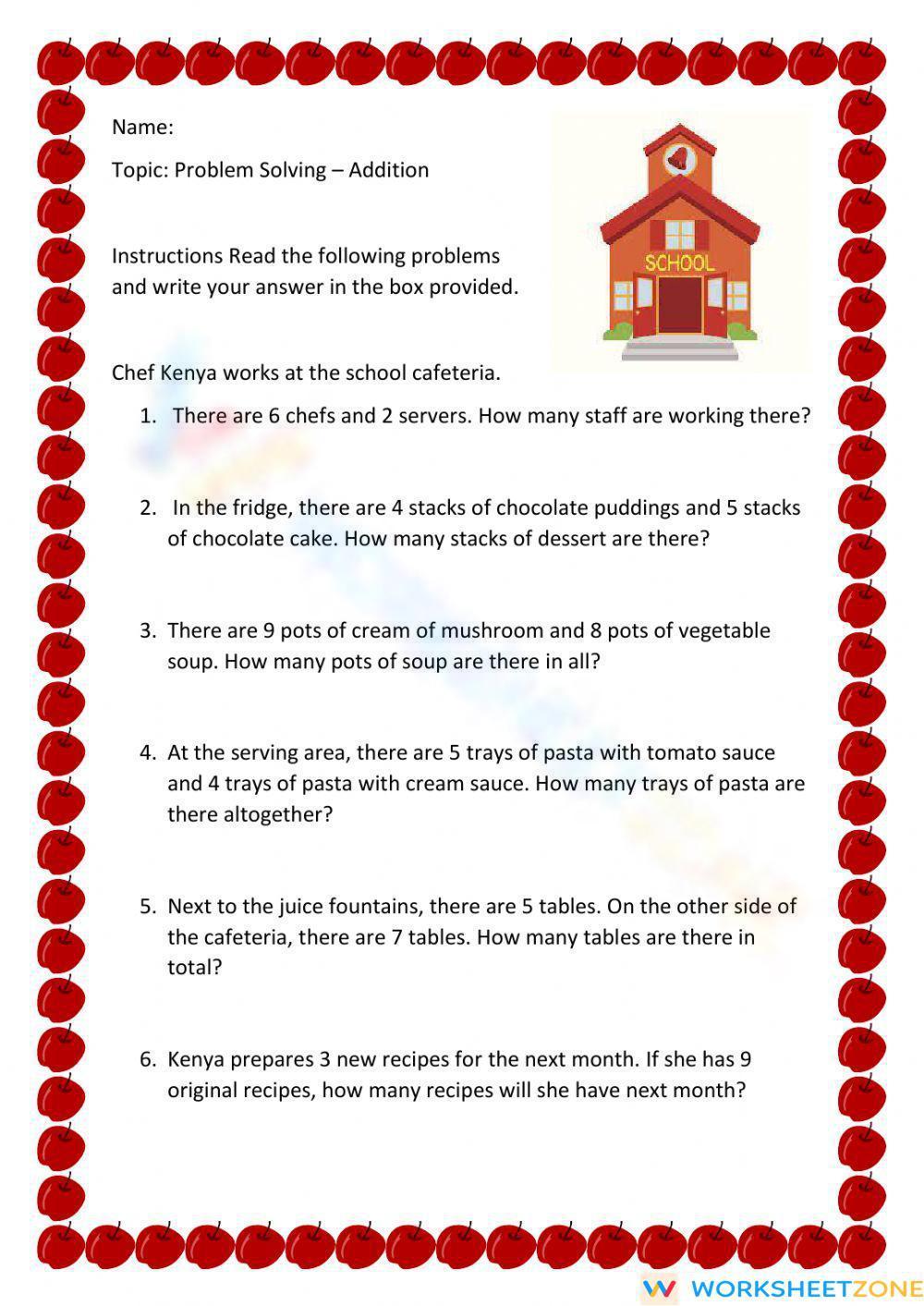 Problem Solving Addition Facts Worksheet