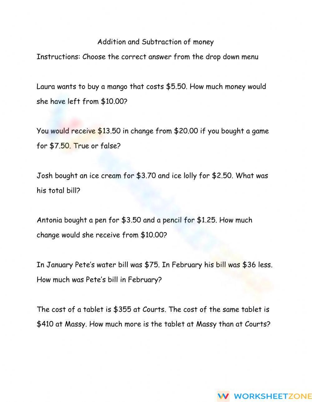 Adding And Subtracting Money Problems Worksheet