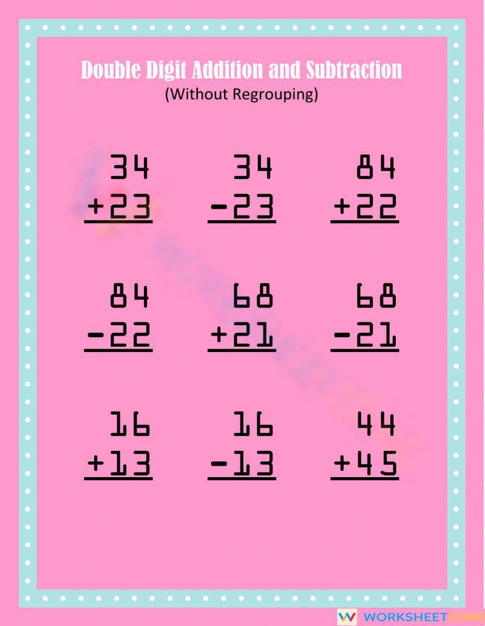 Double Digit Addition And Subtraction Set 3 Worksheet