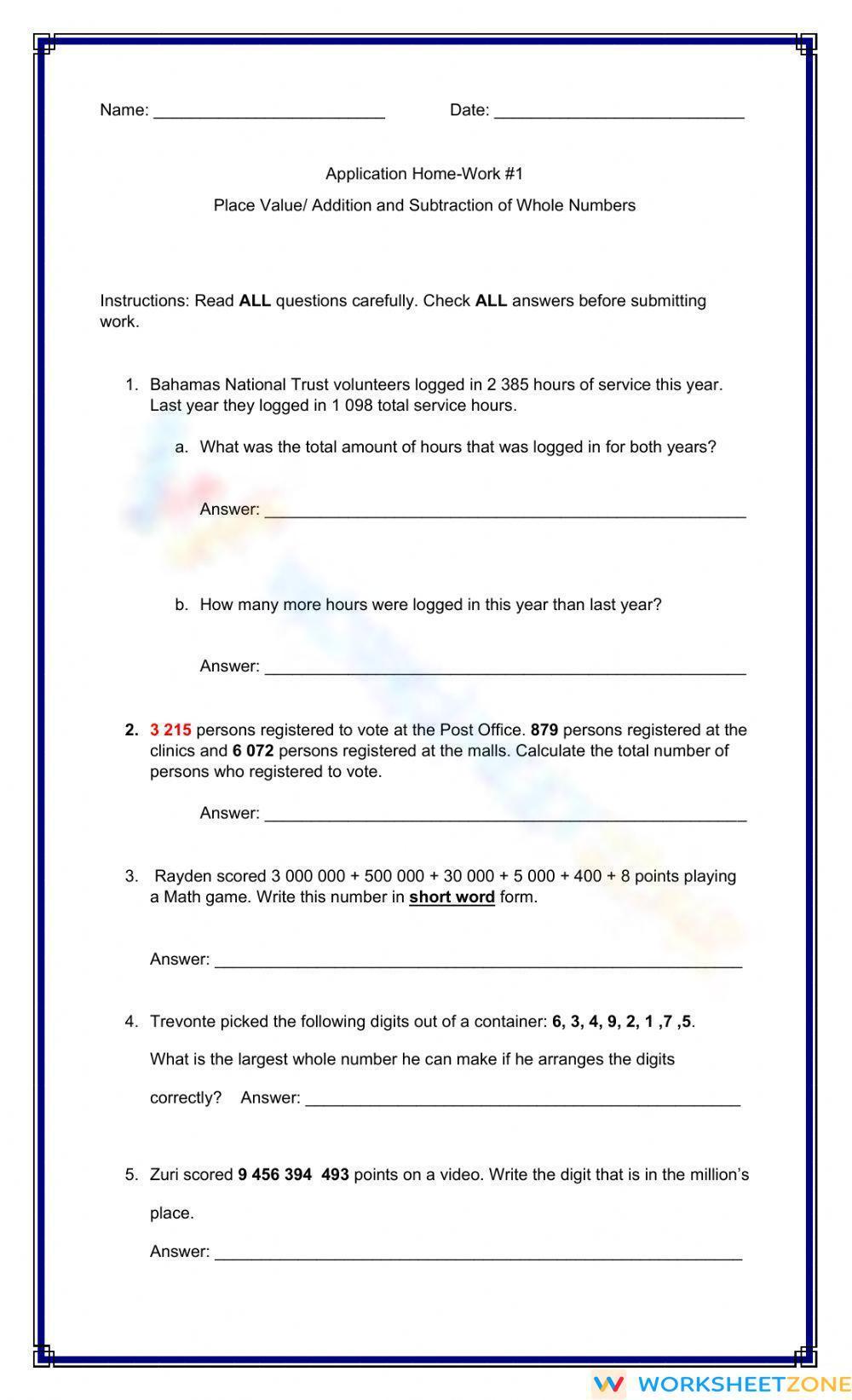 Addition And Subtraction Worksheet