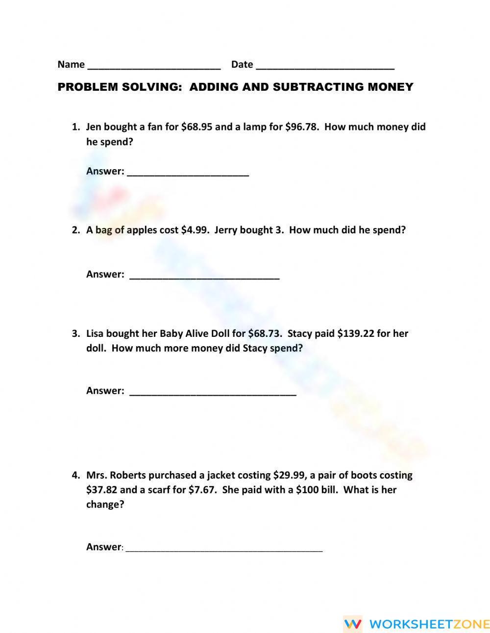 Problem Solving Adding And Subtracting Money Worksheet